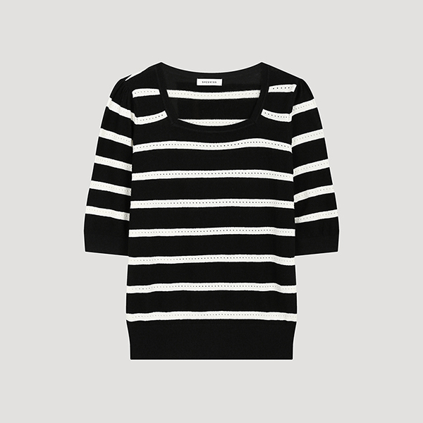퀸잇 - (~66사이즈)스트라이프 스퀘어넥 반팔 니트_SSKPOO21540_BK