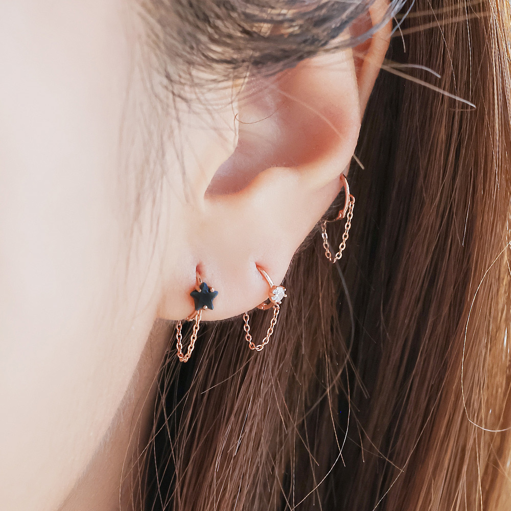 퀸잇 - [주문제작] 14K 베리드 귀찌 큐빅 원터치 링귀걸이_블랙스타