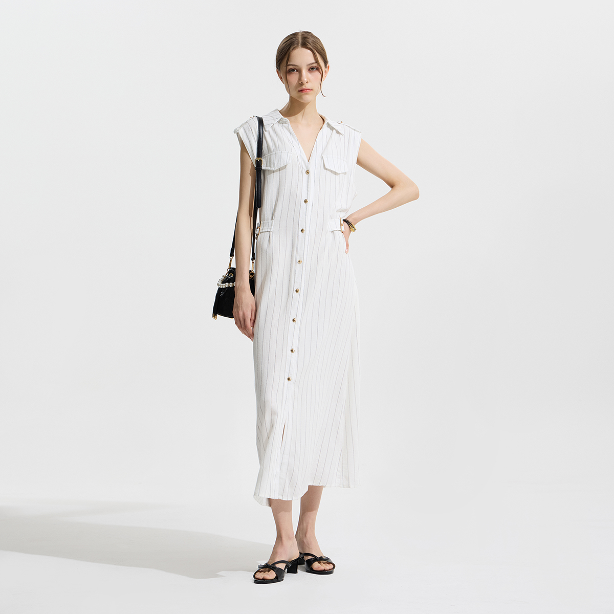 퀸잇 - 린넨 견장 스트라이프 카라넥 원피스 (GP6OP053F)