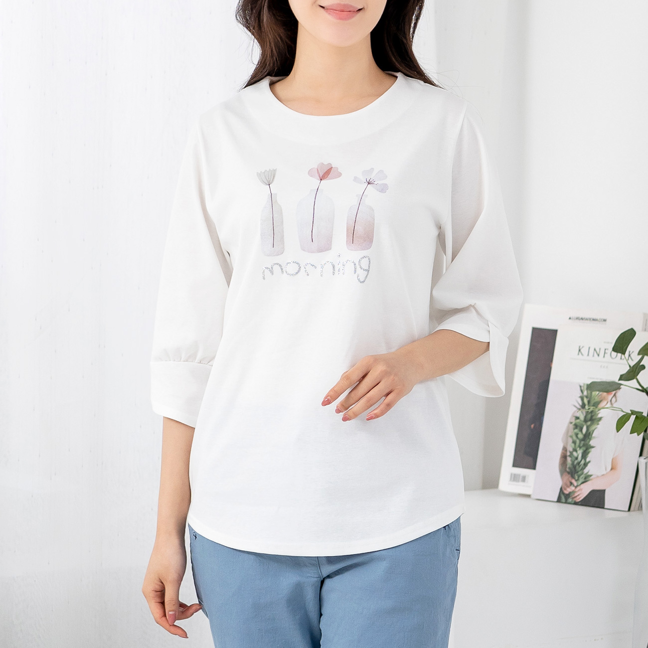 퀸잇 - (~110size)(빅사이즈) 모닝 면 라운드 7부 티셔츠 TS403217