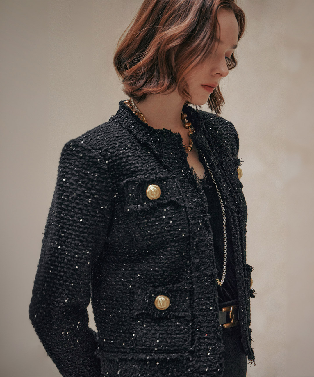 퀸잇 - [M.GRAF] 스팽글 부클 트위드 니트 자켓