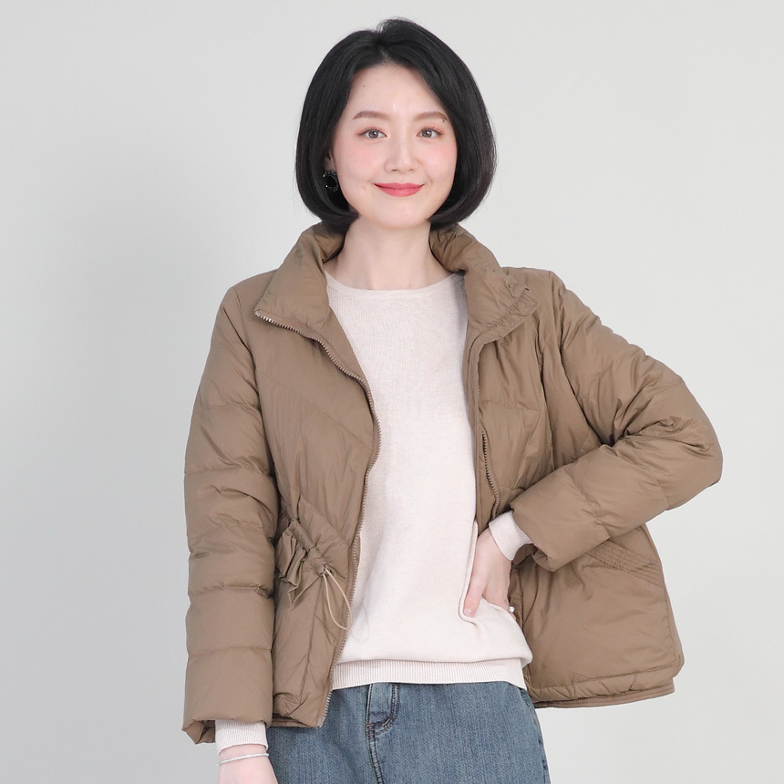 퀸잇 - 오리털 프릴 스트링 차이나 지퍼 여성 겨울 숏 패딩 점퍼 J11360