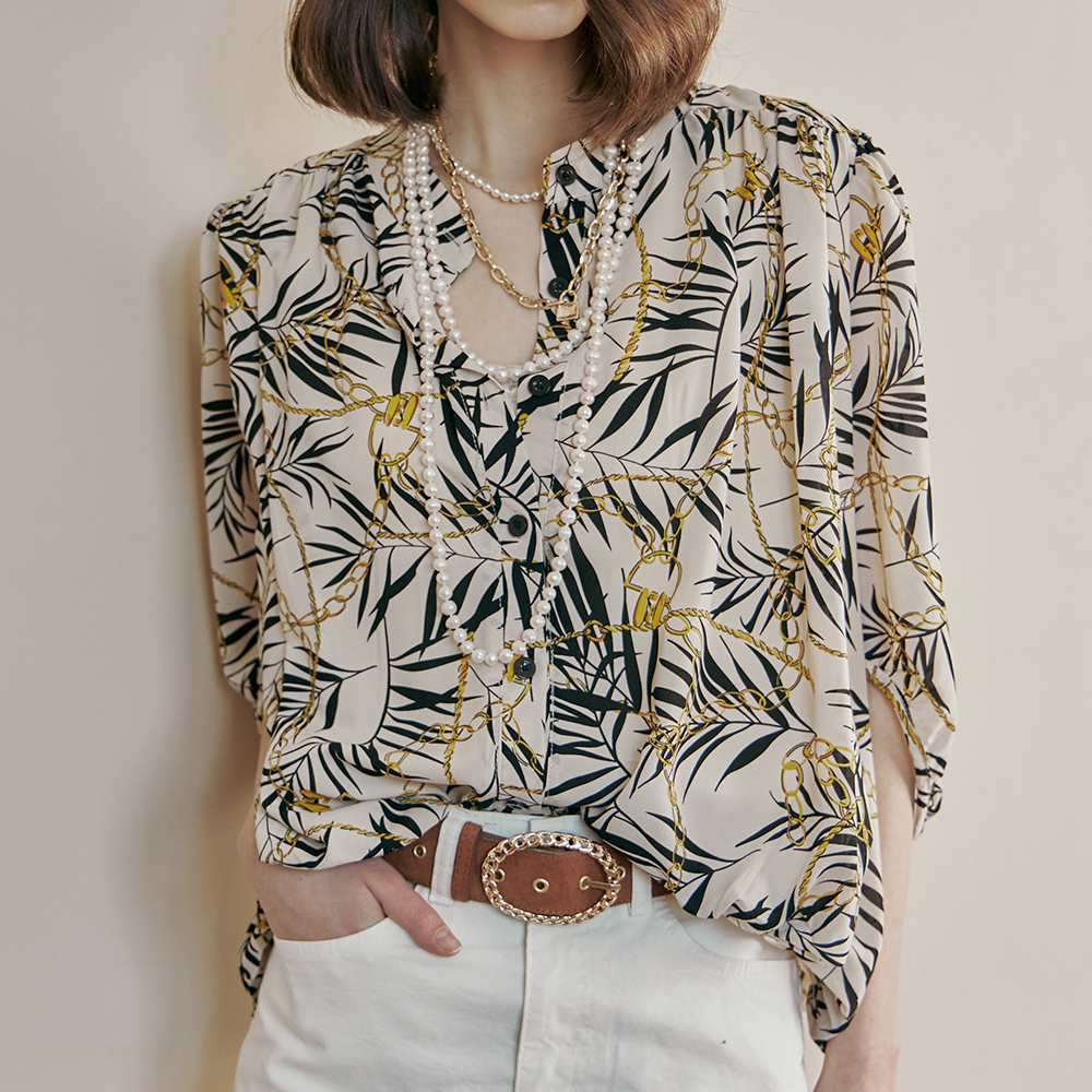 퀸잇 - [M.GRAF] 트로피컬 체인 패턴 쉬폰 벌룬 블라우스