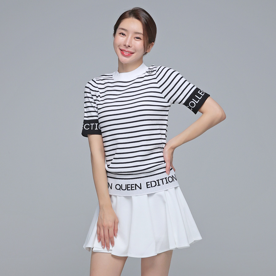 퀸잇 제이투제이 세련된 여성골프웨어 Gq 레터링 밴드 여름 반팔 니트