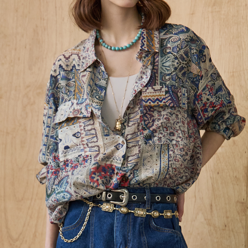 퀸잇 - [M.GRAF] 에스닉 믹스 패턴 아웃포켓 셔츠 블라우스