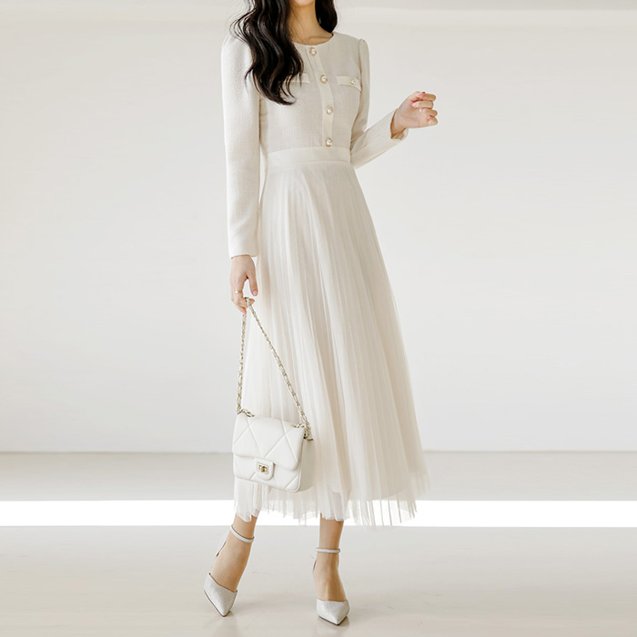 퀸잇 로엘 트위드 배색 샤 레이스 플리츠 롱 원피스